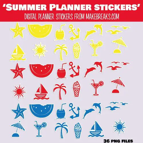 Free Summer Themed Digital Planner Stickers - PNG Files - Make Breaks