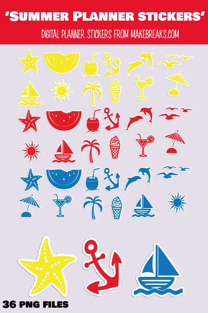Free Summer Themed Digital Planner Stickers - PNG Files - Make Breaks